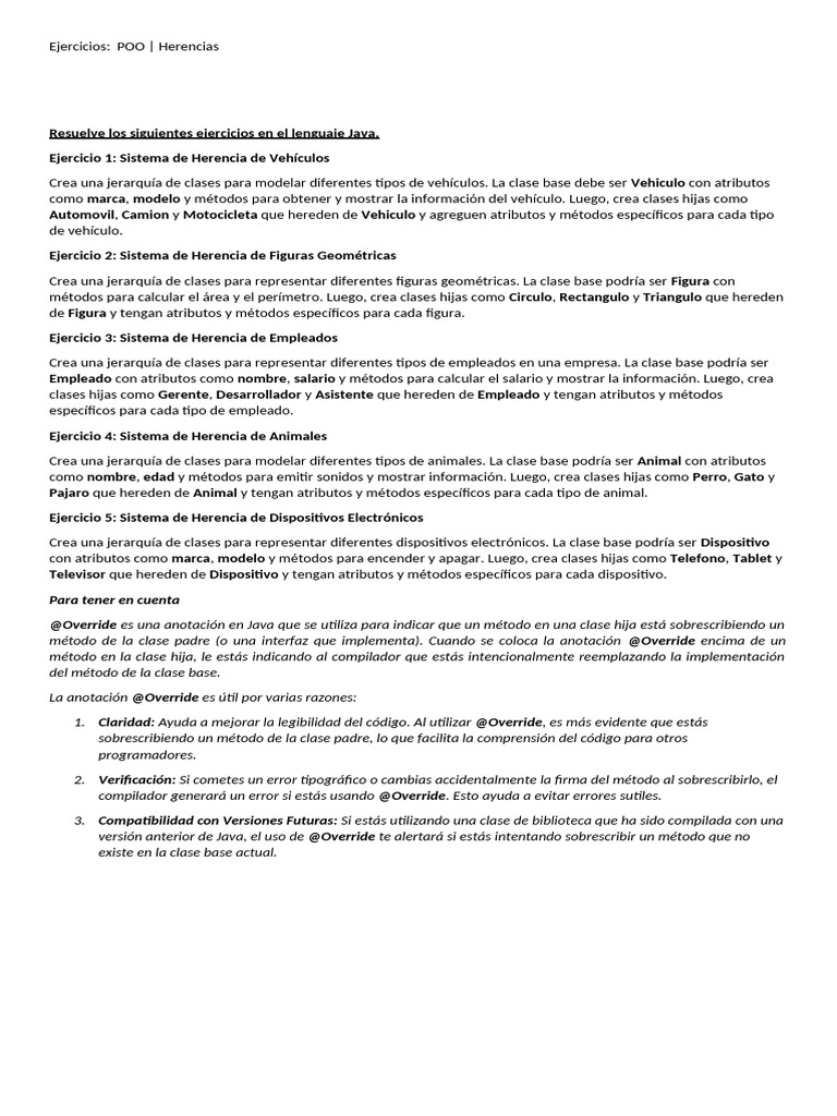 ejercicios_herencia | PDF | Herencia (Programación Orientada a Objetos) | Java (lenguaje de ...