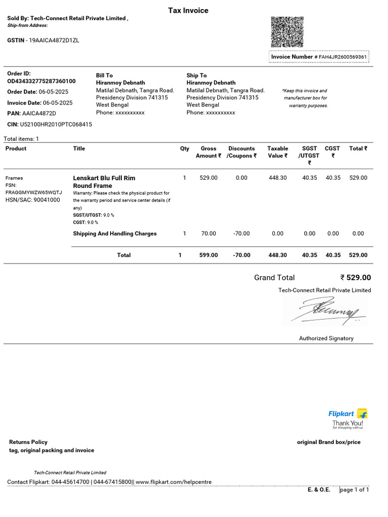 Invoice for Lenskart Frame Purchase | PDF | Payments