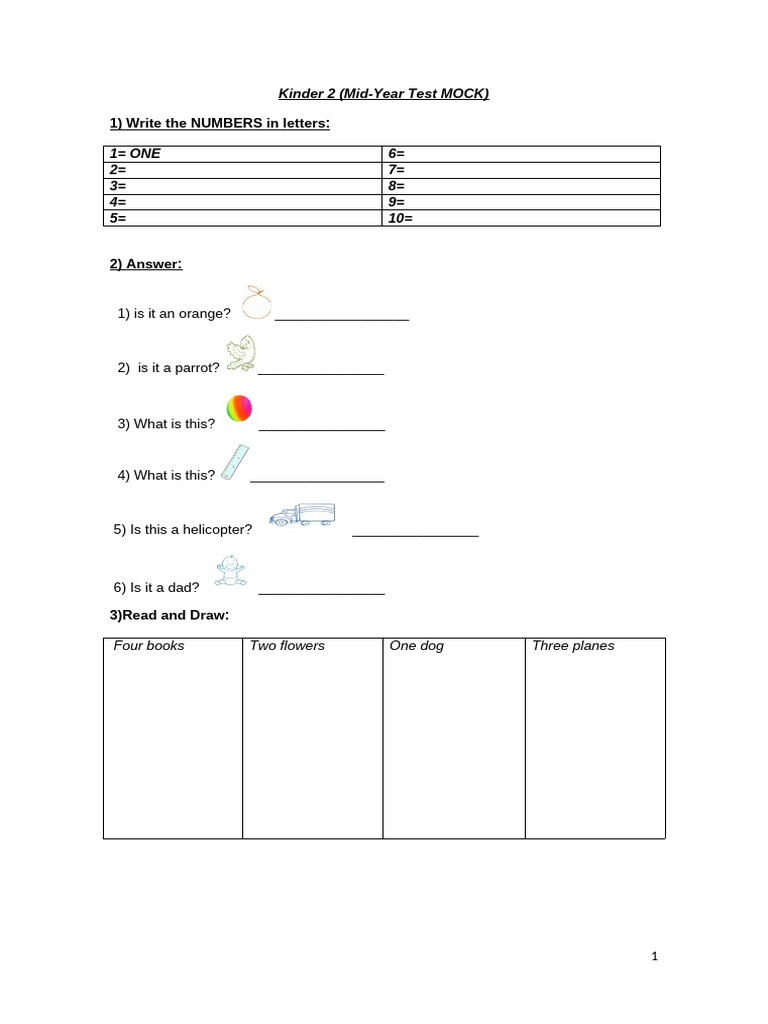 Kinder 2 Mid-Year Test Mock Exam | PDF