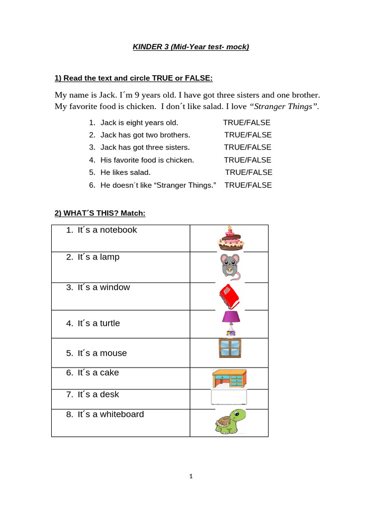 KINDER 3 (Mid Year Exam - Mock) | PDF