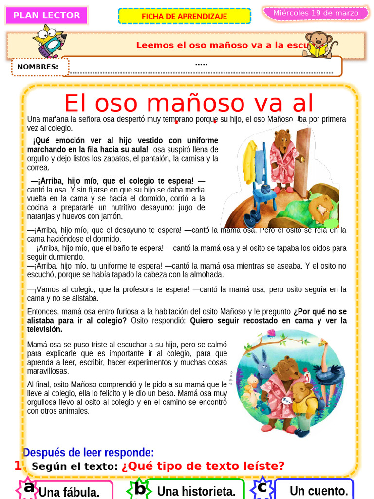 FICHA - MIER - PL - Leemos El Oso Mañoso Va A La Escuela | PDF