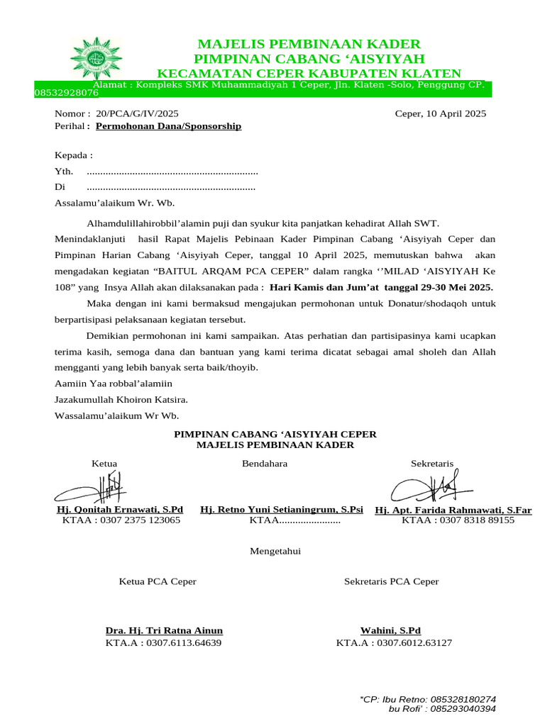 Permohonan Dana BA PCA Ceper | PDF