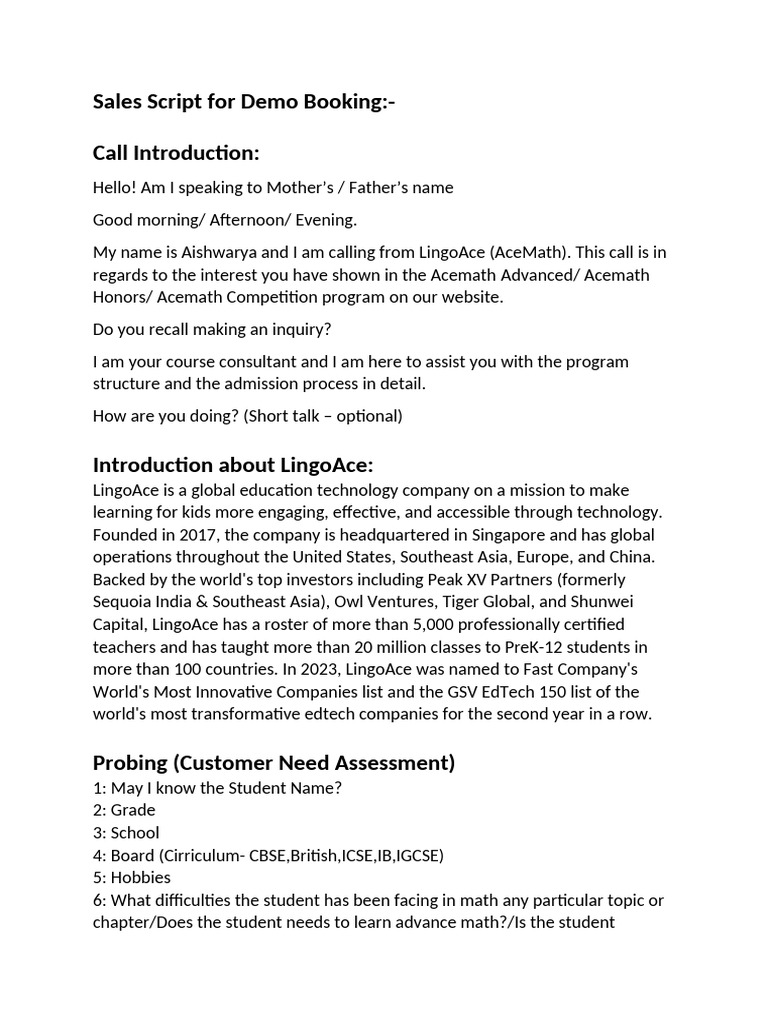 Sales Script For Demo Booking | PDF | Teachers | Mathematics