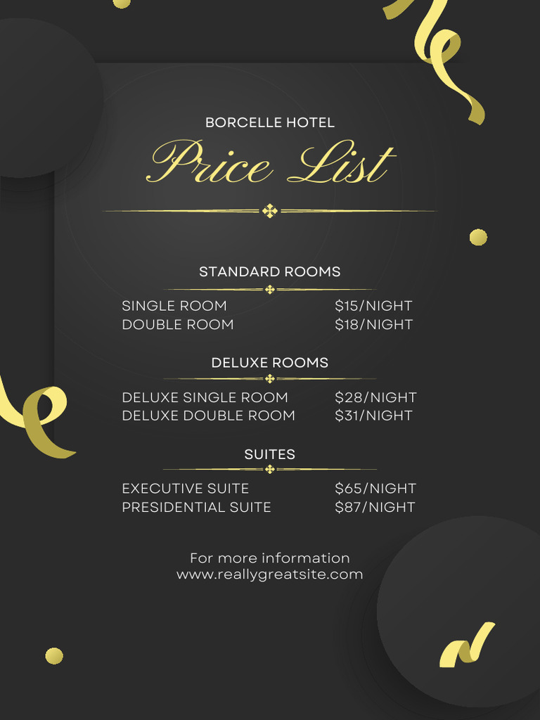 Black and Gold Modern Hotel Price List A4 PDF | PDF