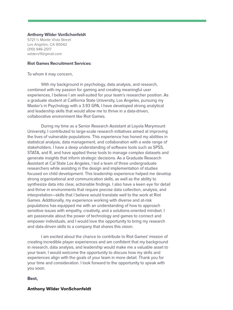 Riot Games Cover Letter 3 - 12 - 25 | PDF | Leadership | Data