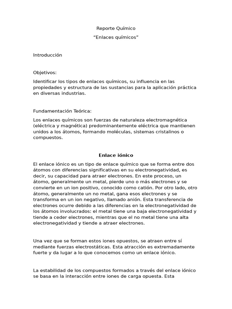 Reporte enlaces químicos | PDF | Redox | Enlace químico