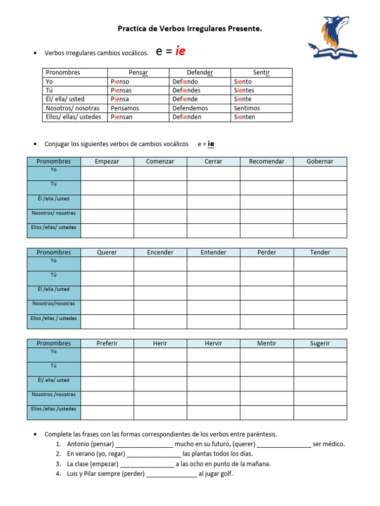 Practica de V. Irregulares e Ie PRESENTE | PDF