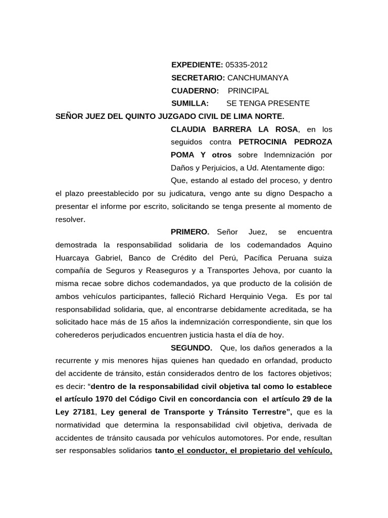 Se Tenga Pesente Informe Escrito Barrera Claudia VCR | PDF | Daños y perjuicios | Reaseguro