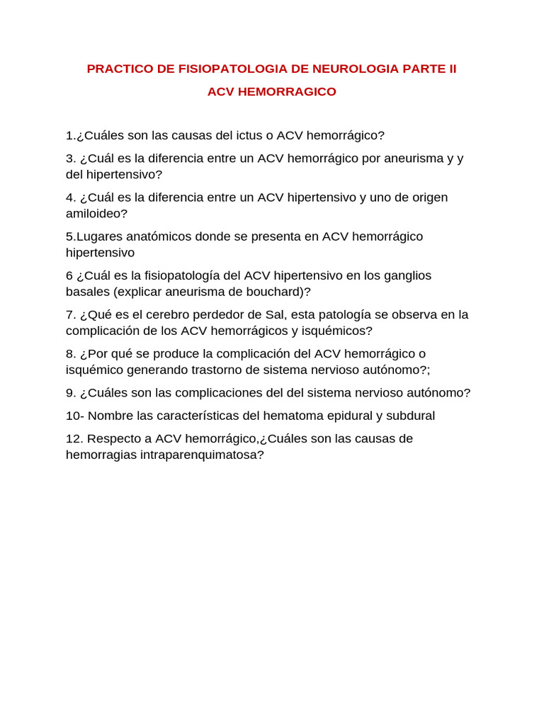 #7 1 Practico de Fisiopatologia de Neurologia Parte II Acv Hemorragico | PDF