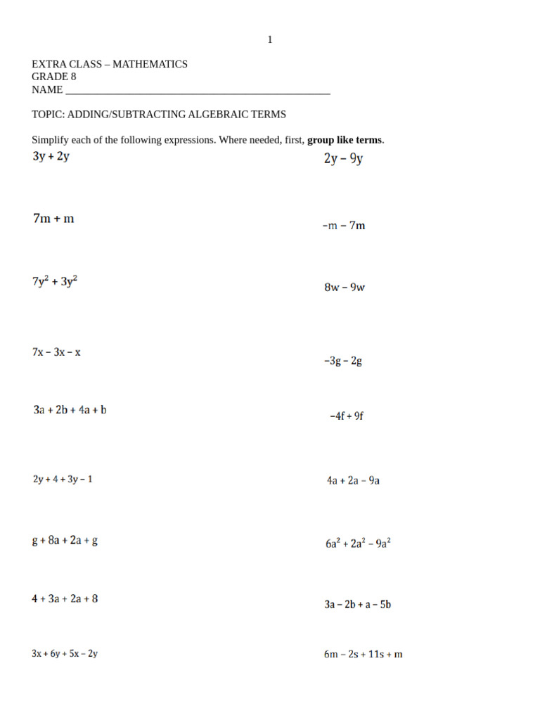 Adding Subtracting Like Terms | PDF