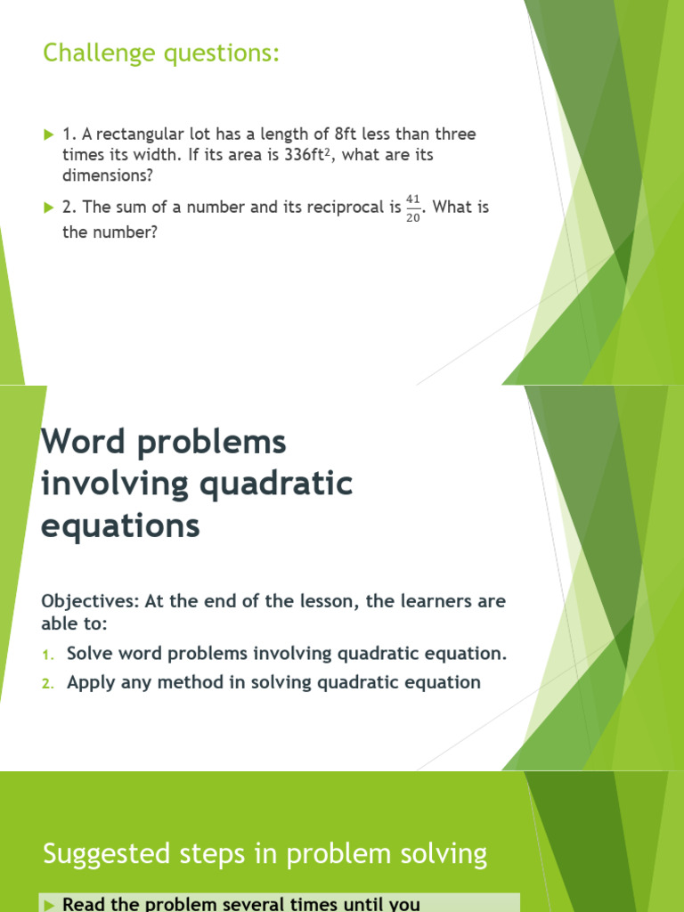 Word Problems Involving Quadratic Equations | PDF | Mathematical Objects | Mathematical Relations