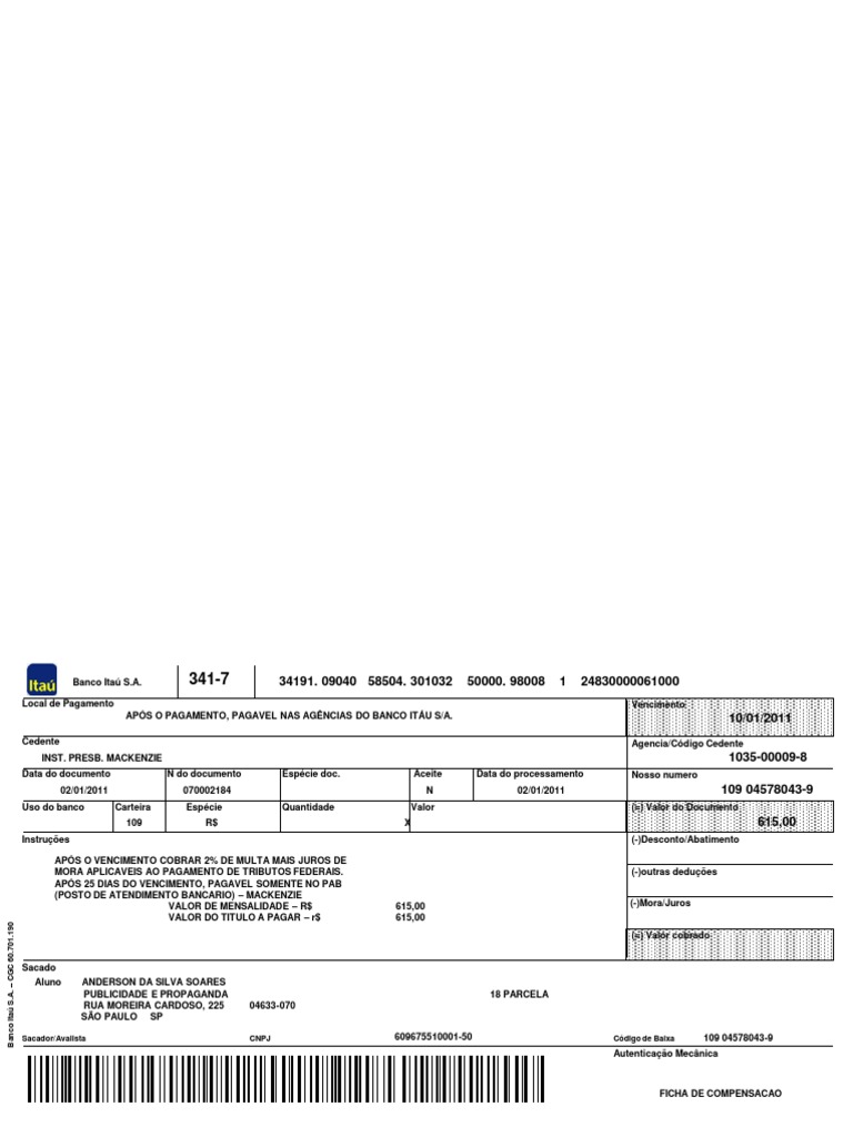 Boleto Mensalidade Mackenzie Publicidade | PDF | Finanças e ...
