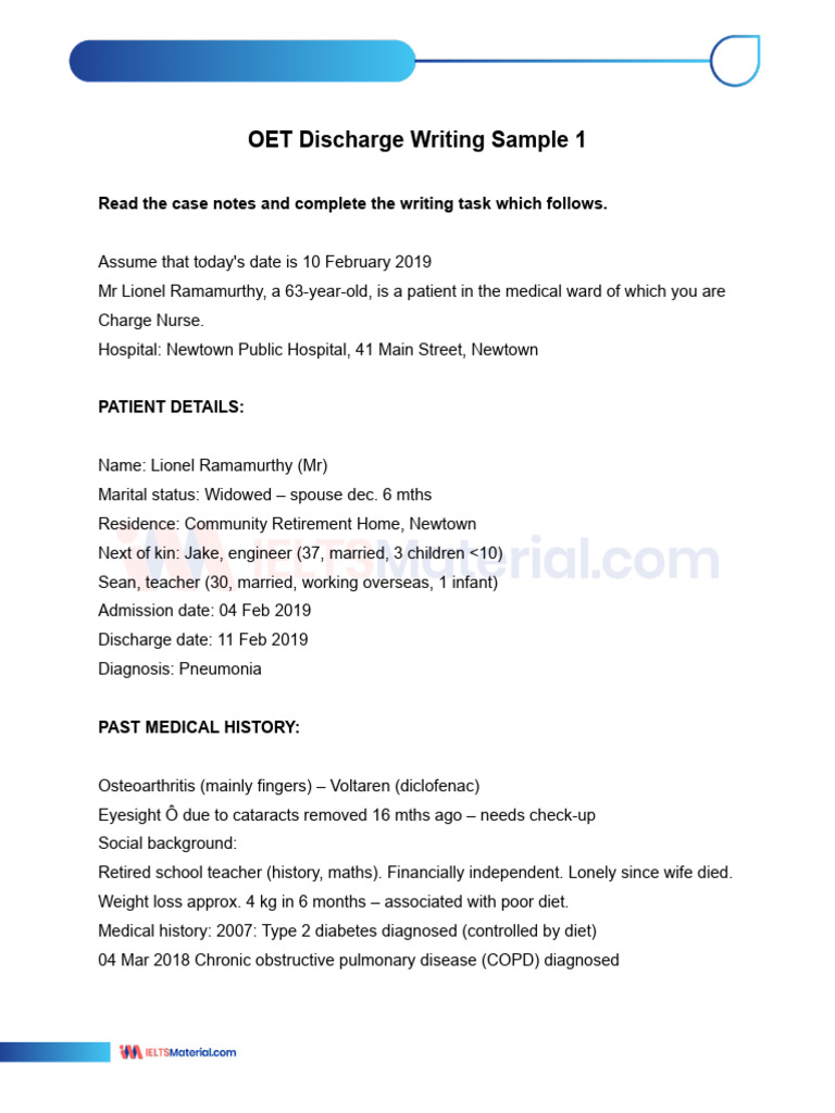 OET Discharge Writing Sample 1 | PDF | Health Care | Social Programs
