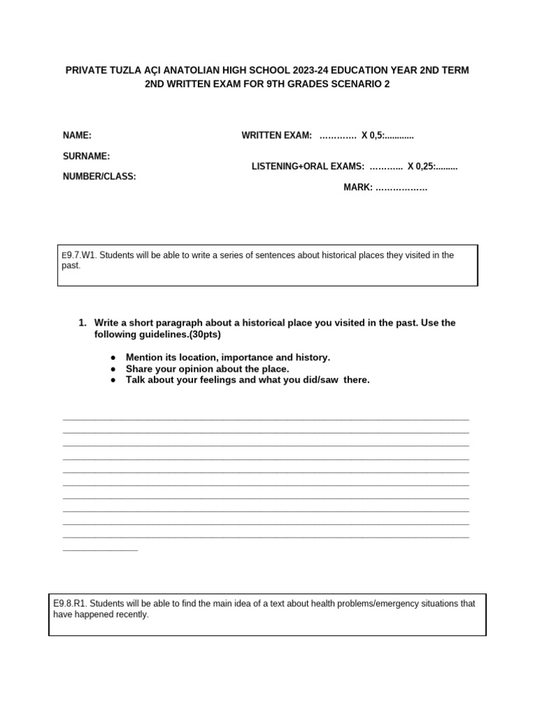 9th Grade English Exam 2023-24 Guide | PDF