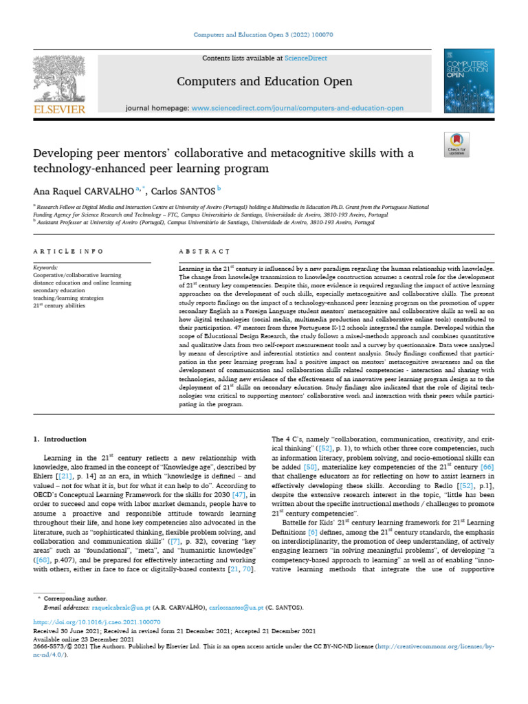 Carvalho - Developing Peer Mentors | PDF | Mentorship | Learning