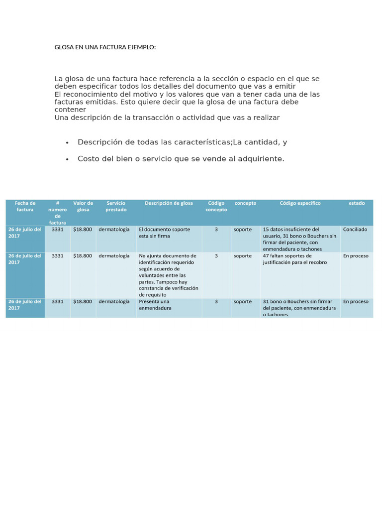 Ejemplo de Glosa en una Factura | PDF