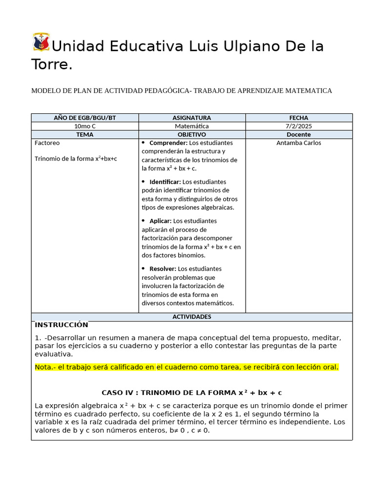 10 C Modelo de Plan de Actividad Pedagógica | PDF | Factorización ...