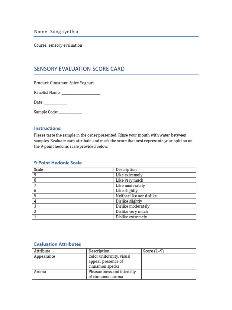 Cinnamon Spice Yoghurt Sensory Scorecard | PDF