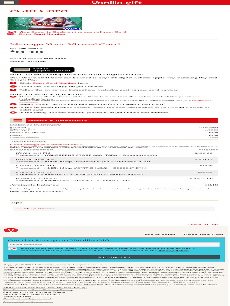 Manage Your Vanilla Gift Card Online | PDF | Credit Card | Visa Inc.