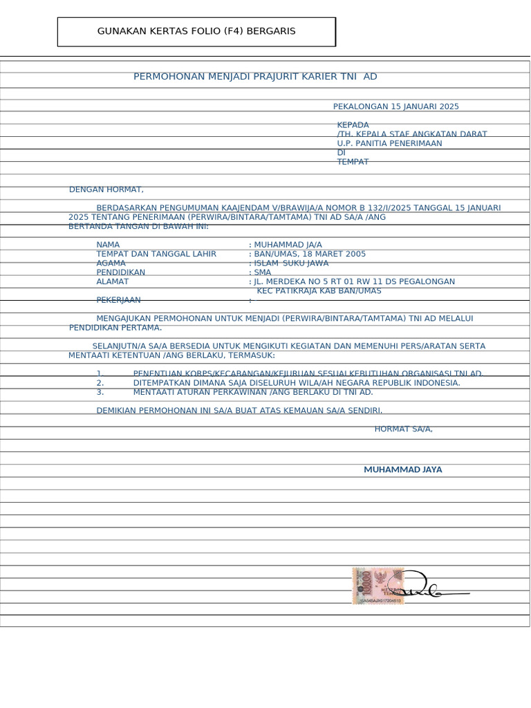 005 Contoh Permohonan Menjadi Prajurit | PDF