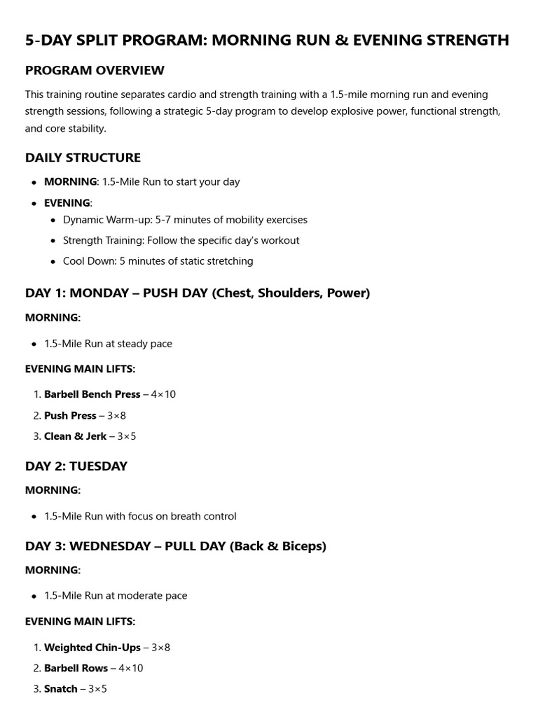 5-Day Split Program - Morning Run & Evening Strength | PDF