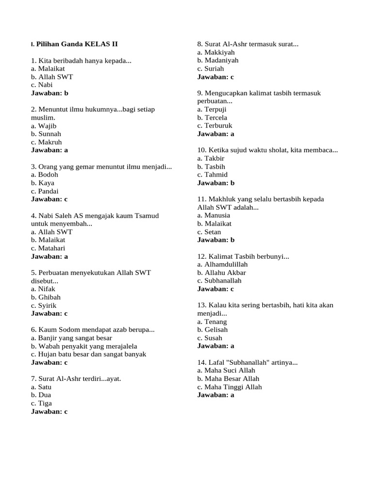 SOAL PILIHAN GANDA KELAS 2 MADRASAH | PDF