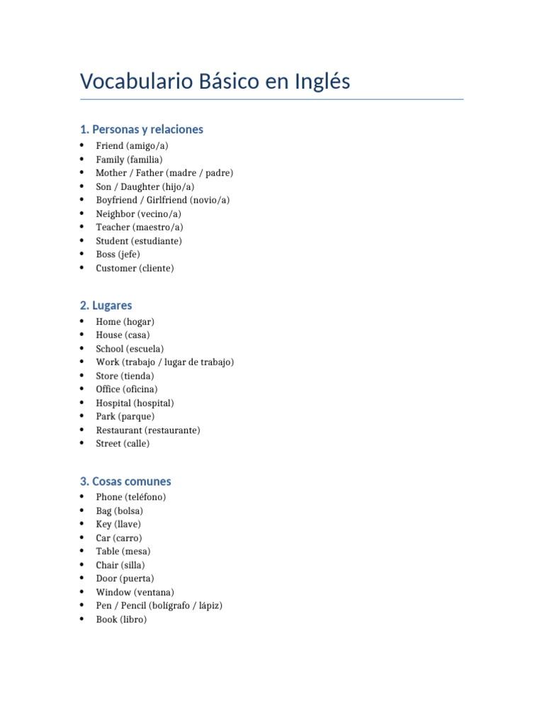 Vocabulario Basico Ingles | PDF