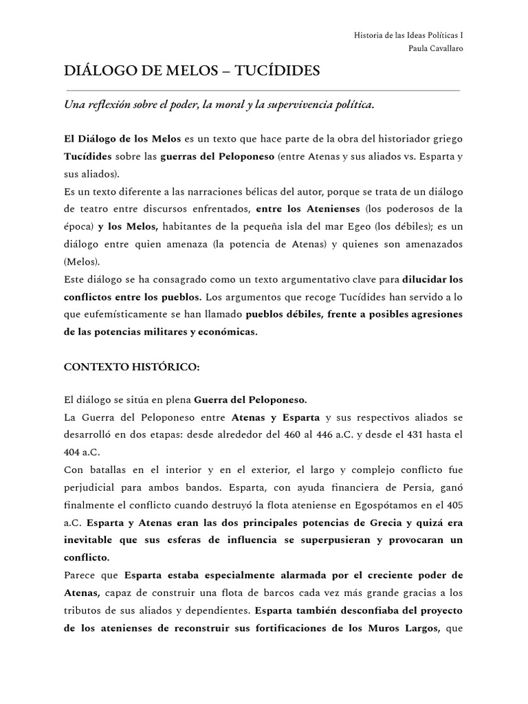 El Diálogo de Melos: Poder y Moralidad | PDF | Guerra del Peloponeso ...