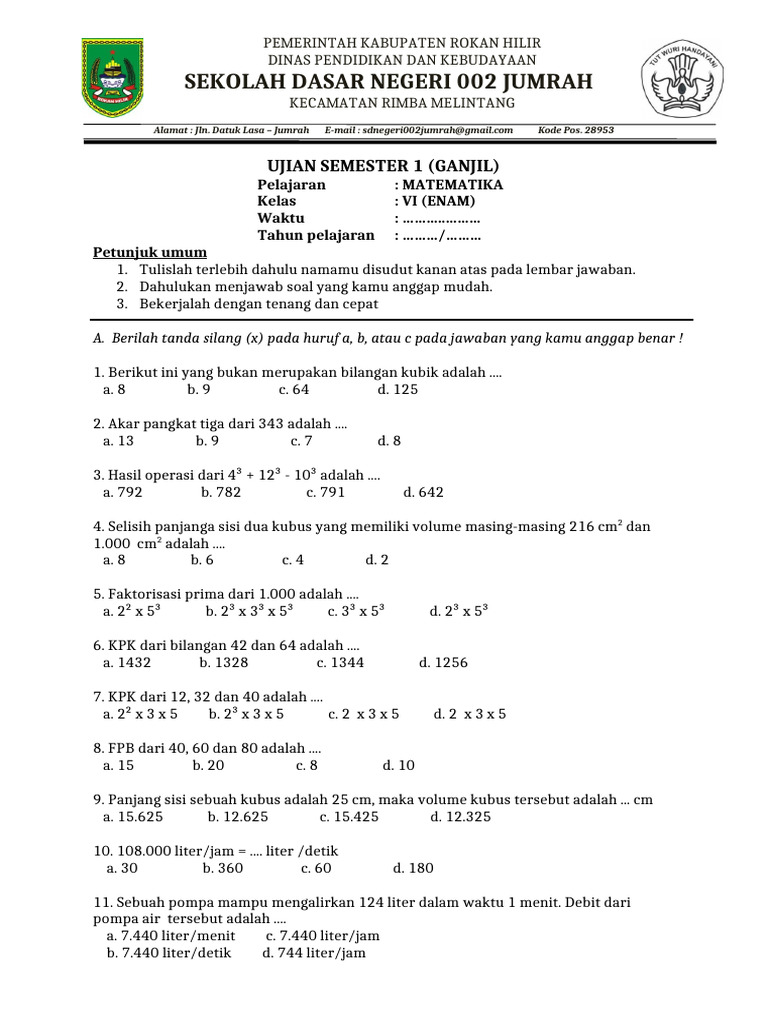soal mtk kelas 6 semester 1 | PDF