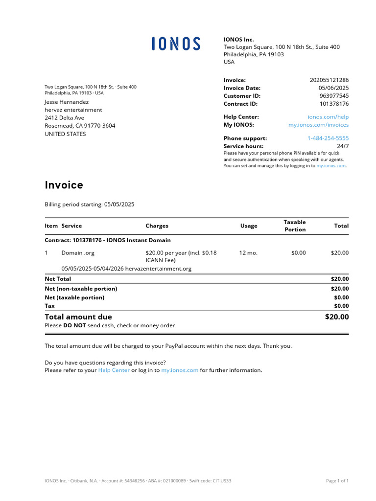 IONOS Invoice 2025-05-05 - IN - 202055121286 | PDF | Payments