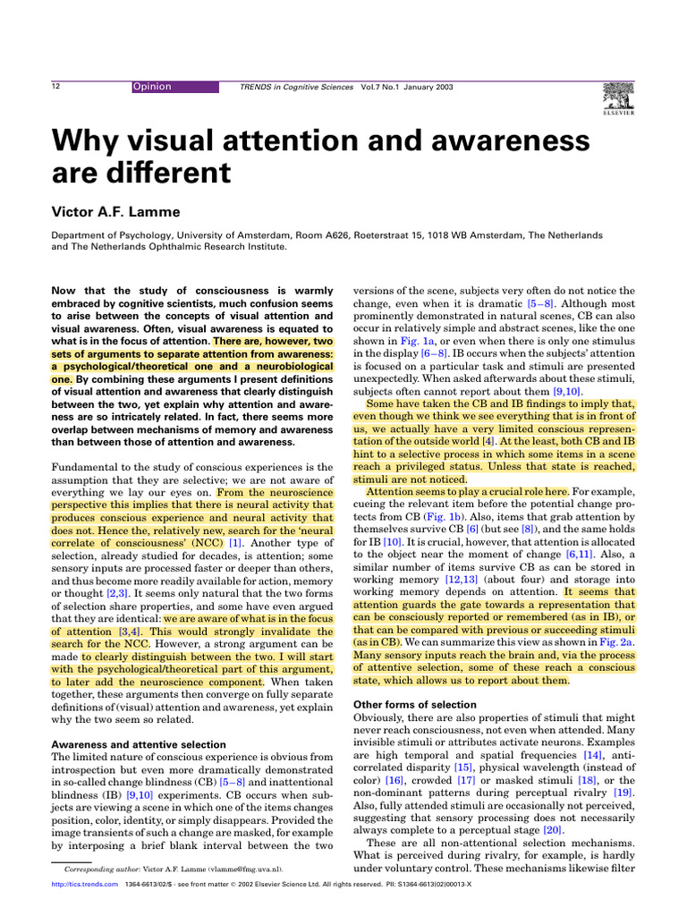 Lamme, V. (2003) Why Visual Attention and Awareness Are Different | PDF ...