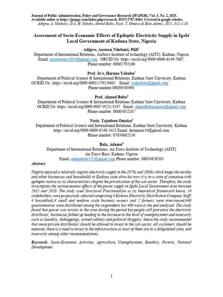 Assessment of Socio-Economic Effects of Epileptic Electricity Supply in ...