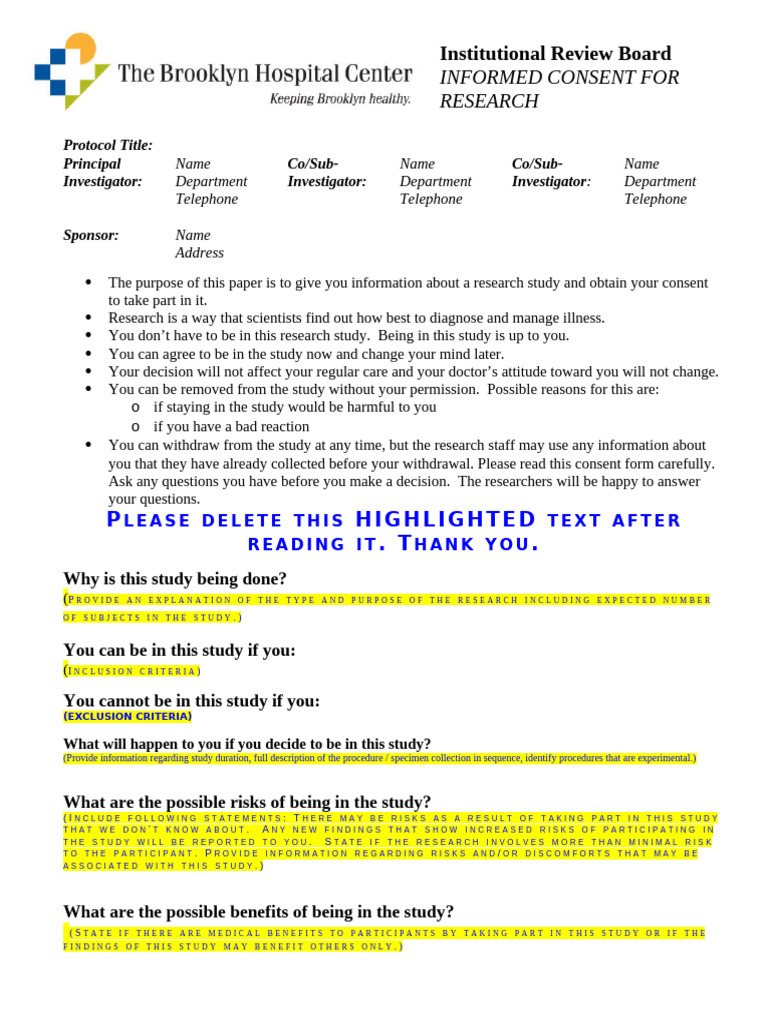 2013 TBHC IRB Research Consent Form Template | PDF | Informed Consent ...