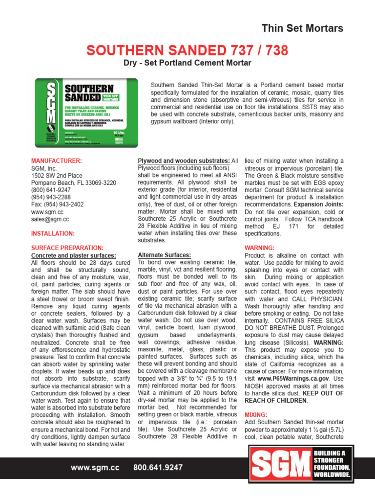 Southern Sanded Thin-Set Mortar Guide | PDF | Concrete | Mortar (Masonry)