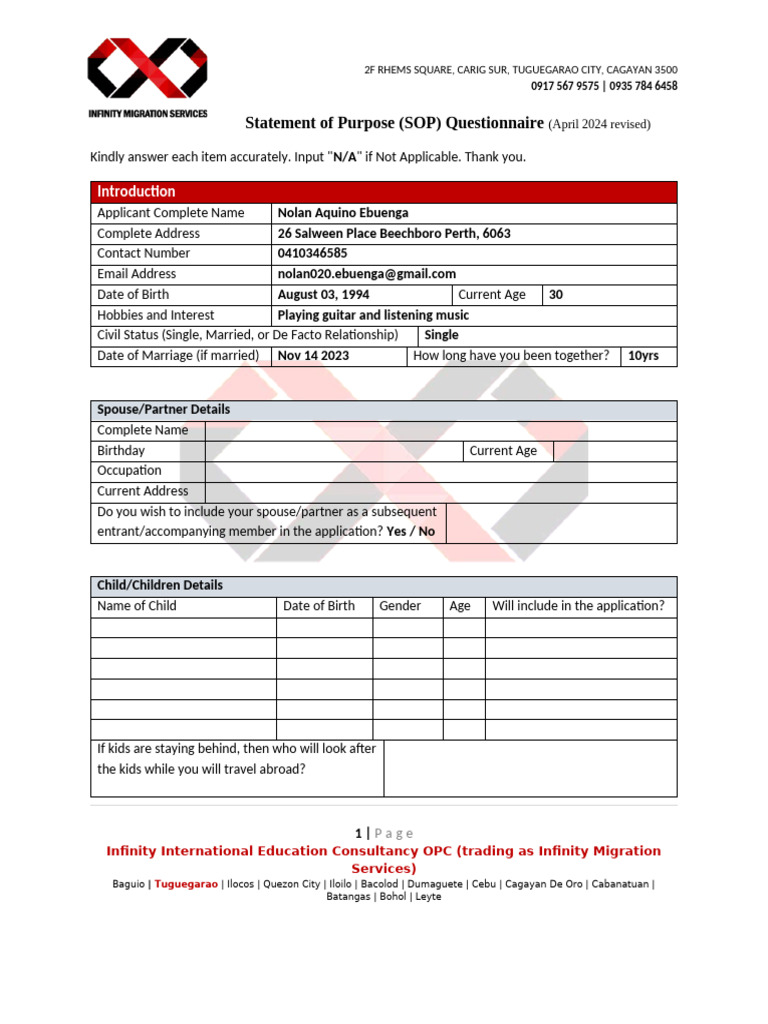 Student - SOP Questionnaire - Nolan | PDF