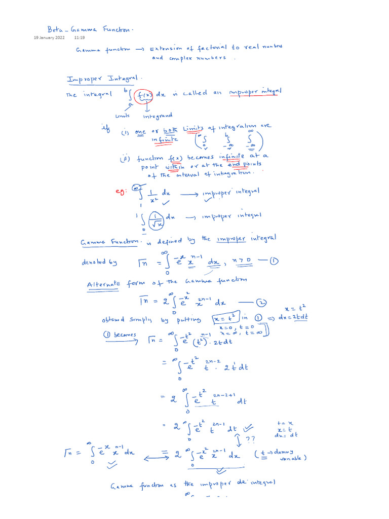 Beta. Gamma Function-Class Notes 19-1-2022 | PDF