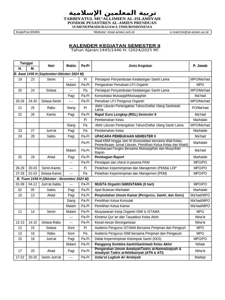 Kalender Kegiatan Semester II Tahun Ajaran 1445-1446 (2024-2025 M) | PDF