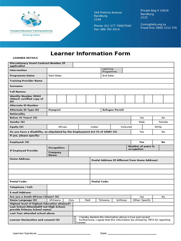 Learner Information Form 2024-25 | PDF
