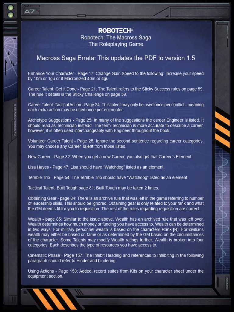 The Macross Saga Errata 1.5 | PDF | Armour | Armoured Fighting Vehicles