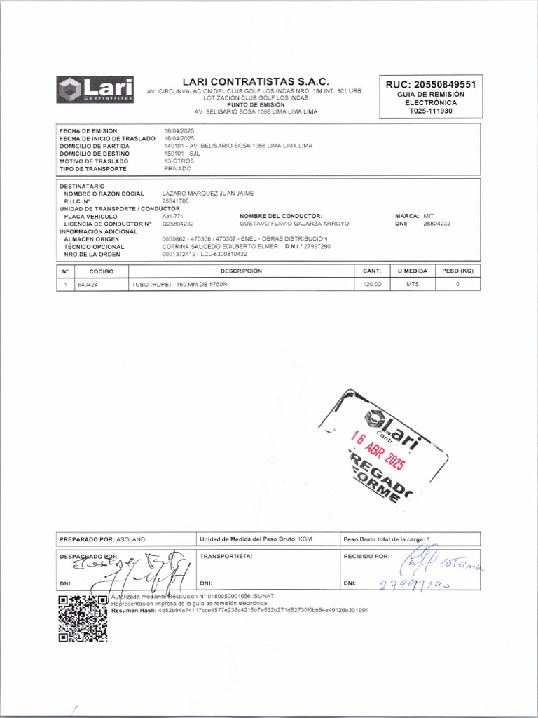 Lari: Lari Contratistas S.A.C. Rue. 20550849551 | PDF