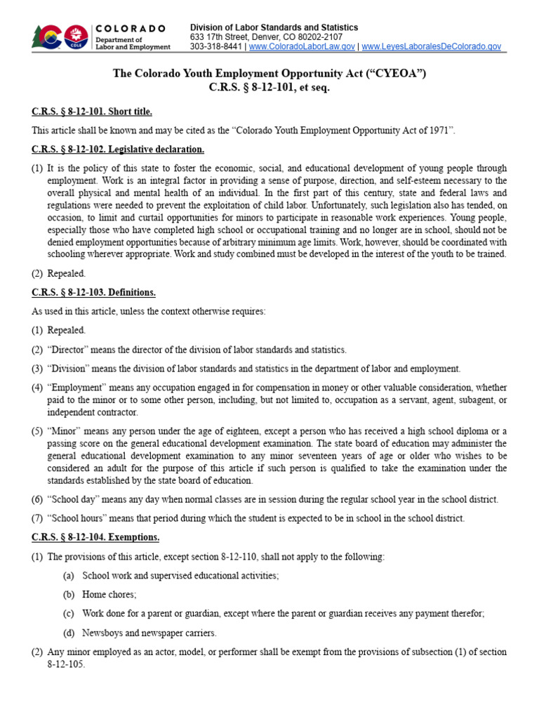 Colorado Youth Employment Opportunity Act, C.R.S. 8-12-101, Et. Seq. April 2023 (Accessible) - 0 ...