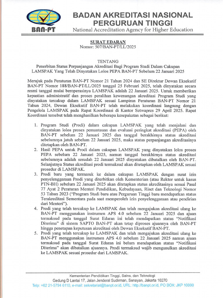 507.BAN PT.ll .2025 Surat Edaran Penerbitan Status Perpanjangan Akreditasi Bagi Program Studi ...