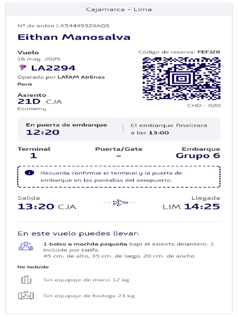 Tarjeta - de Embarque - Eithan - M - LA2294 | PDF