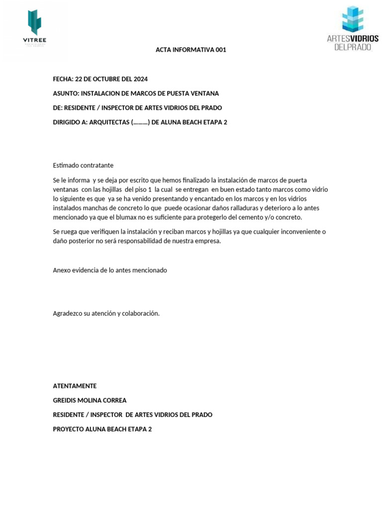 Acta Informativa 001 Aluna Beach Etapa 2 | PDF