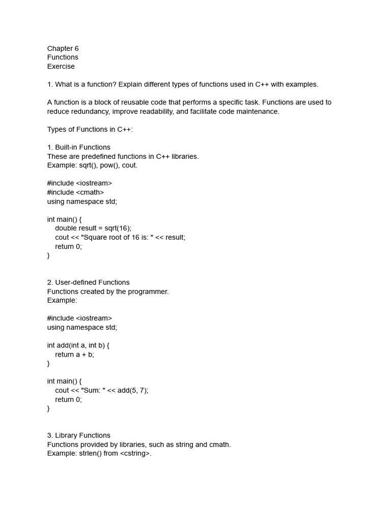 Chapter 6 Functions Exercise | PDF | Parameter (Computer Programming) | C++