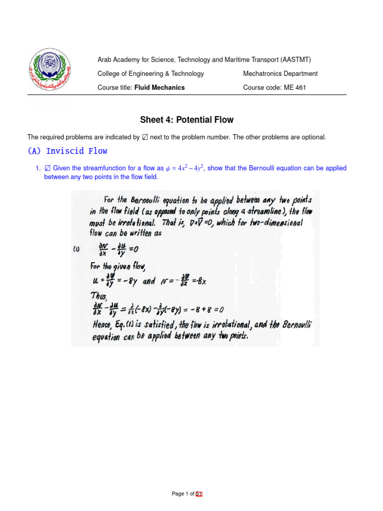 FM AAST Sheet 4 Potential A | PDF | Fluid Dynamics | Vortices
