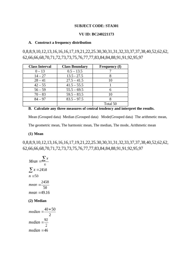 Spring 2025 - STA301 - 1 - BC240221173 | PDF | Arithmetic Mean | Average