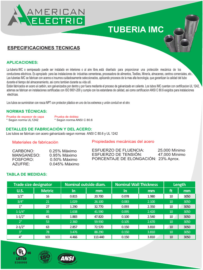 Ficha Tecnica Tuberia IMC | PDF | Tubería (transporte de fluidos) | Rieles