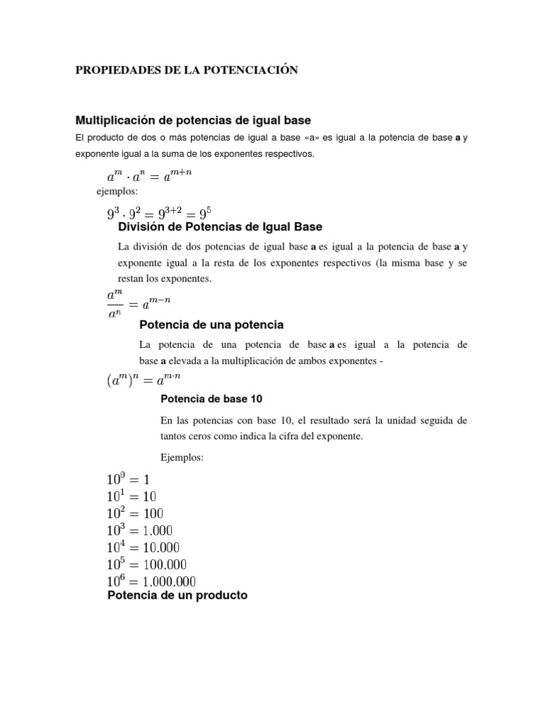Propiedades de La Potenciación | Descargar gratis PDF | Exponenciación | Multiplicación