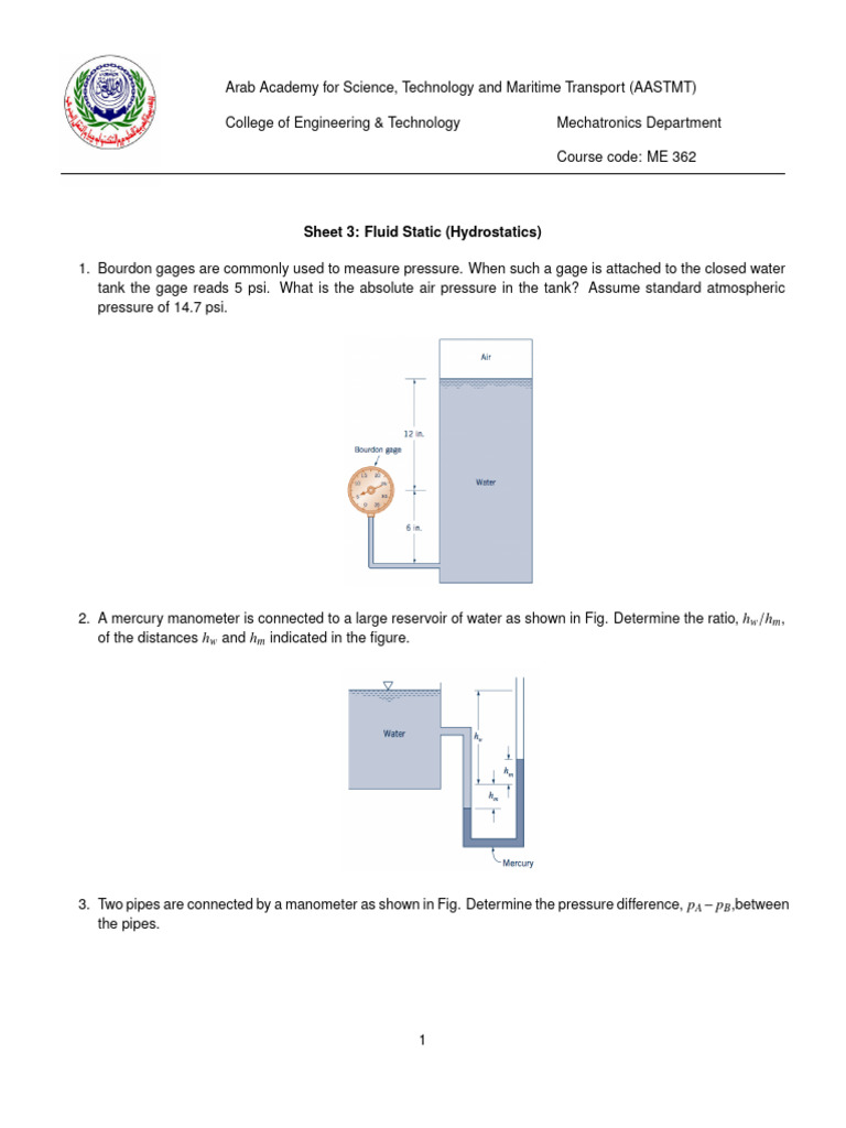 Fluid Mechanics 1 Sheet 3 Hydrostatics Q | PDF | Pressure Measurement ...